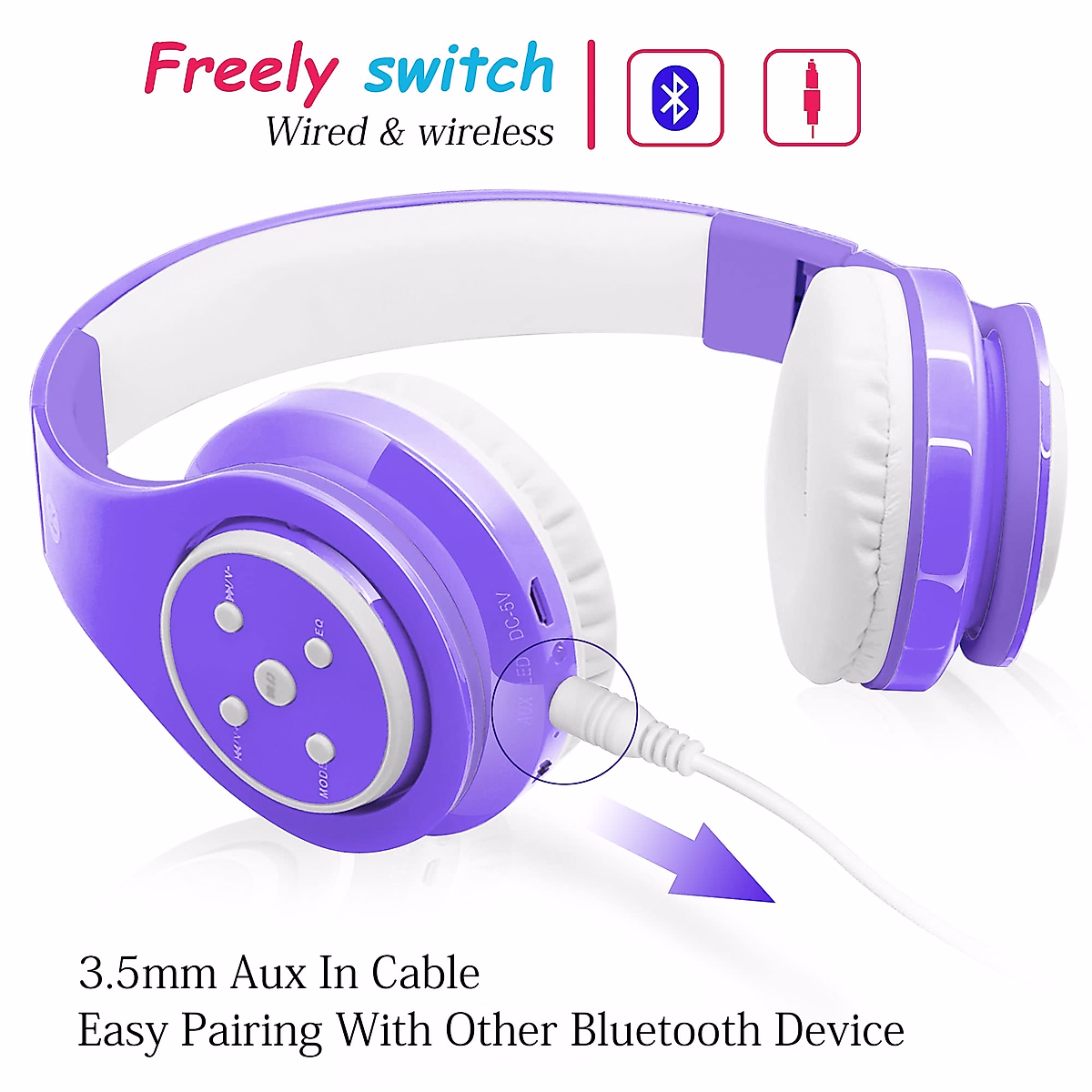 Woice Kids Wireless Bluetooth Headphones Volume Limited 85db/110db Stereo Sound Over-Ear Foldable Children Headphones with Mic SD Card Slot up to 16 Hours Play time for Boys Girls Adults (Purple)
