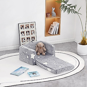 Welnow 2-in-1 Kids Sofa Chair, Glow in The Dark Convertible Toddler Chair Flip Out Children Sofa Chair Folding Kids Play Sofa with Side Pockets & Removable Cover Armrest Chair for Girl or Boy