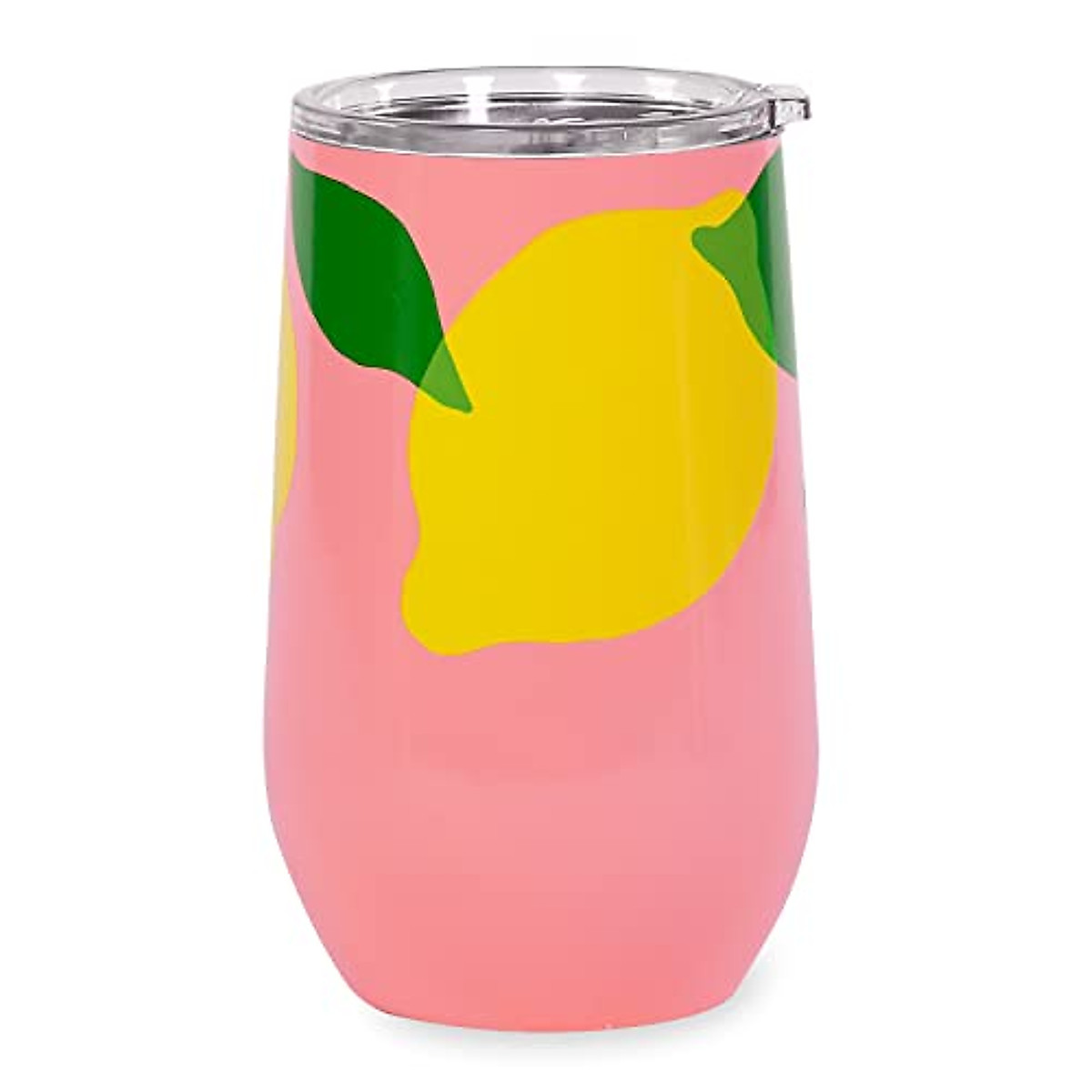 kate spade new york Insulated Stainless Steel Wine Tumbler, 16 Ounce Double Wall Tumbler, Pink Stemless Travel Cup with Lid, Lemon Toss