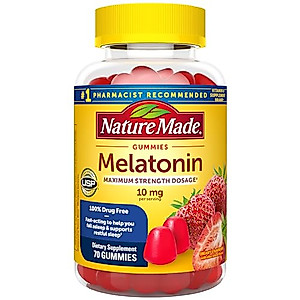 Nature Made Melatonin 10mg per serving Gummies, Maximum Strength Dosage, 100% Drug Free Sleep Aid for Adults, 70 Melatonin Gummies, 35 Day Supply