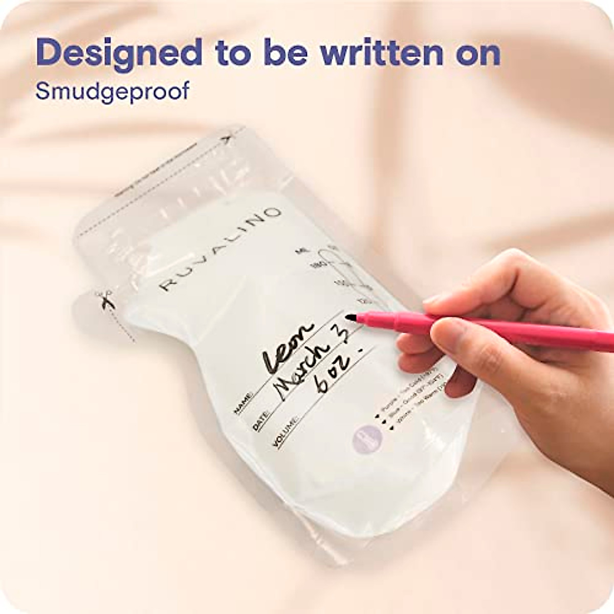 Breastmilk Storage Bag, RUVALINO Breastfeeding Essentials Breast Milk Storage Bags for Freezer, 150 Count, Temp-Sense Spot, Easy Pour Spout, Hygienically Double-Sealed, Self Standing&Lay Flat, 6 Oz