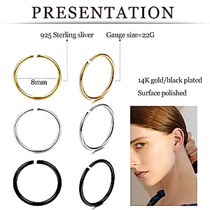 Sllaiss 6Pcs Sterling Silver 22G Nose Ring Hoop 8MM Cartilage Earrings 14K White Gold Black Plated Labret Conch Piercing Jewelry