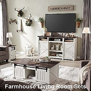 SinCiDo Farmhouse TV Stand for TVs Up to 80 inches, 39" Tall Highboy Entertainment Center w/Barn Door, Large Wood Rustic TV Console Cabinet w/Adjustable Shelves for Living Room, 70inch, White