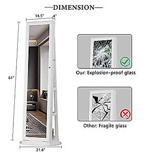 OUTDOOR DOIT 360° Rotating 67'' Jewelry Armoire with 6 LEDS, Full Length Mirror Large Capacity Jewelry Organizer Armoire, Lockable Floor Standing Mirror with Back Storage Shelves