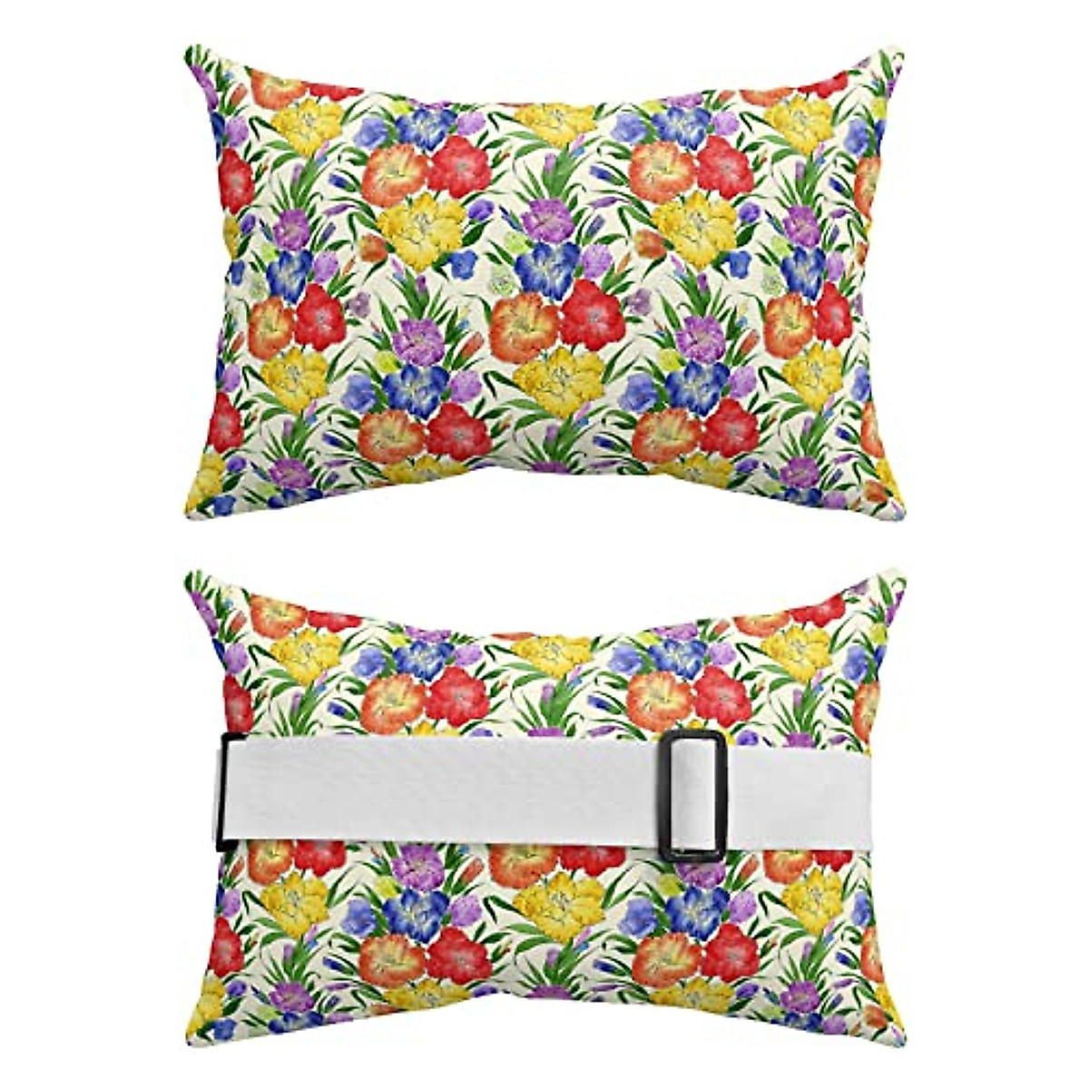 Recliner Head Pillow Ledge Loungers Chair Pillows with Insert Flower Irises Colourful Flower with Green Leaves Lumbar Pillow with Adjustable Strap Outdoor Waterproof Patio Pillows, 2 PCS