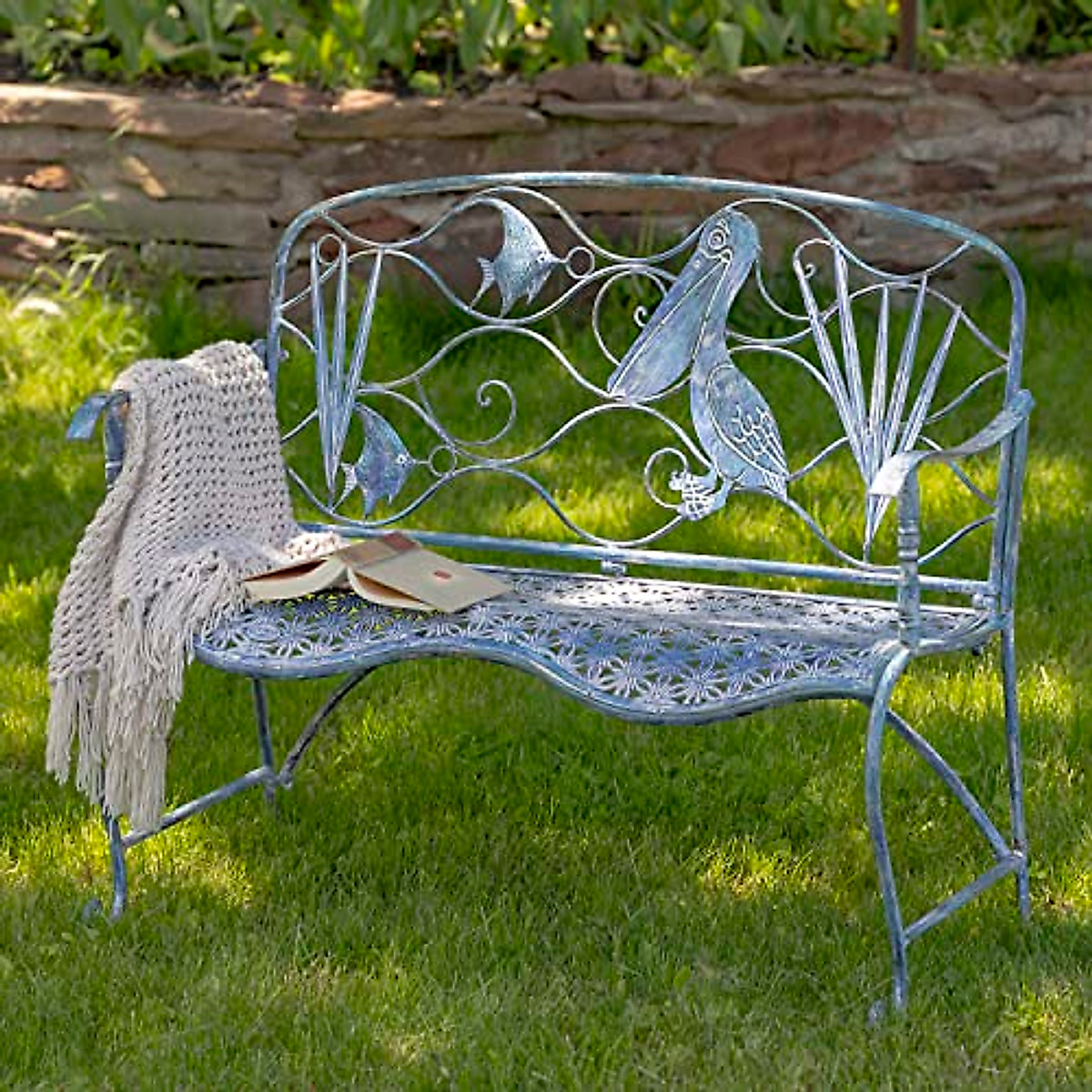 Lesera Ltd. Coastal Blue Metal Furniture Collection Bench/Arm Chair (Pelican & Angel Fish Bench), Coastal Furniture