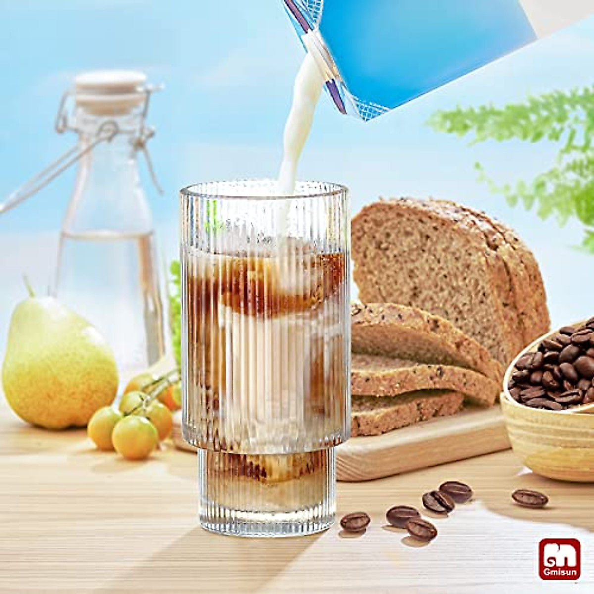 GMISUN Glass Cups with Lids and Straws, Iced Coffee Cups with Lids, Ribbed Glassware, Drinking Glasses with Bamboo Lids, Cocktail Glasses Vintage Glassware 12oz for Cocktail, Gift