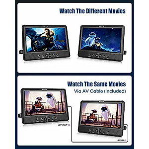 WONNIE 10.5" Two DVD Players Dual Screen Portable Twins CD Player for Car Play a Same or Two Different Movies with 5-Hour Rechargeable Battery, 2 Mounting Brackets, Support USB/SD Card Reader