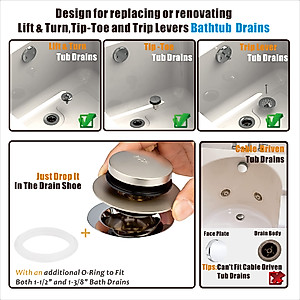 Brushed Nickel Universal Tub Drain Tip Toe Tub Conversion Kit Assembly, Artiwell EZ Installation Bathtub Drain Replacement Trim Kit with 1-Hole Overflow Face Plate and Pop-Up Tub Stopper