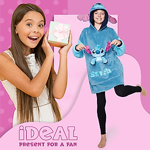 Disney Stitch Fleece Hoodie Blanket with Plush Toy for Teenagers Eeyore Angel Minnie Mouse Kids Oversized Hoodie (Blue Stitch)