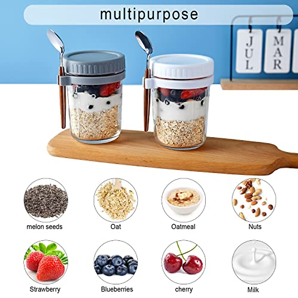 Overnight Oats Containers with Lids 2, 10oz Wide Mason Jars with Spoon - Great for on-the-go cereal containers - Very convenient for use on the go, Sealed glass jars are ideal for home, office or on-the-go (White)