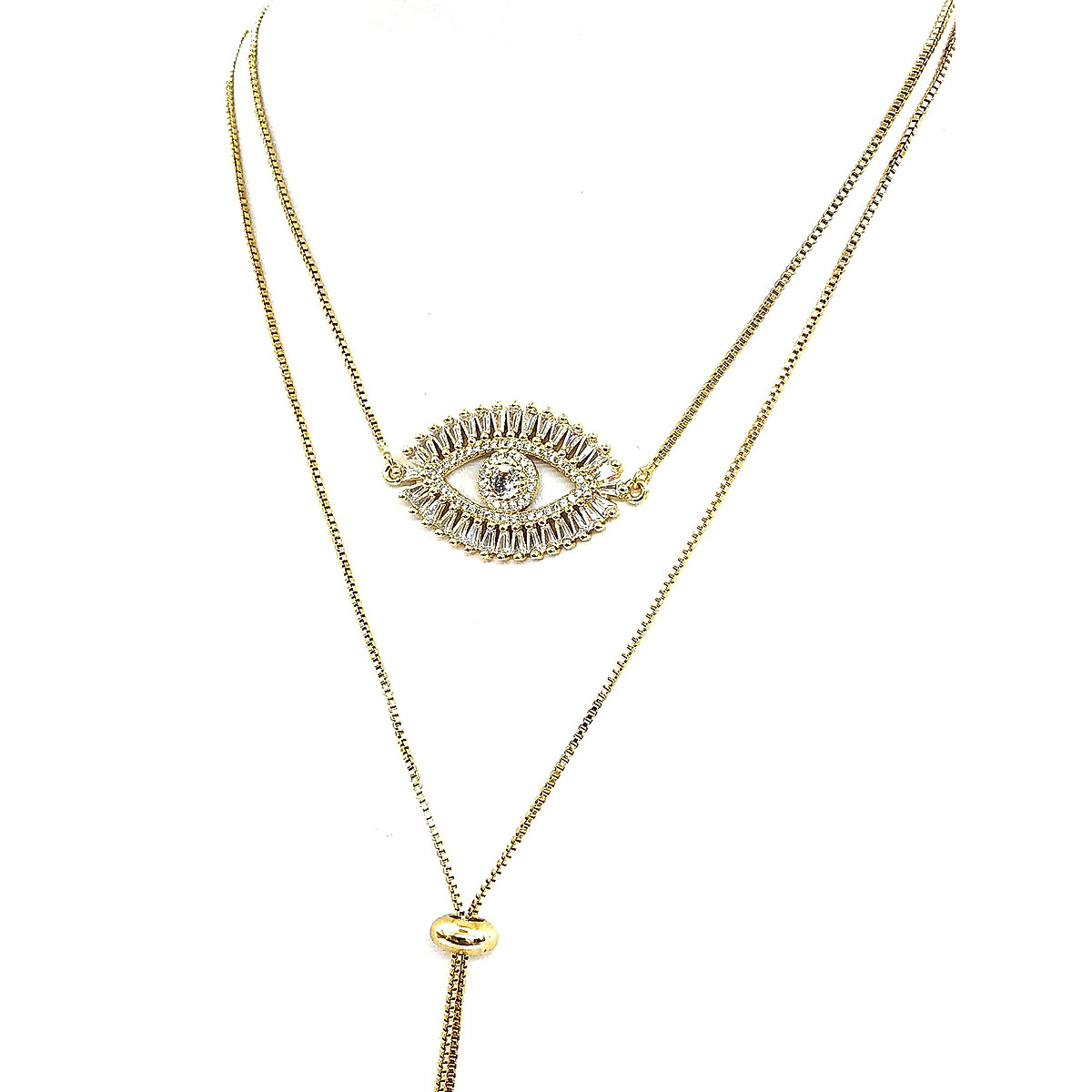 LESLIE BOULES Gold Evil Eye Lariat Necklace for Women 18K Gold Plated Sliding Adjustable Chain Choker Jewelry