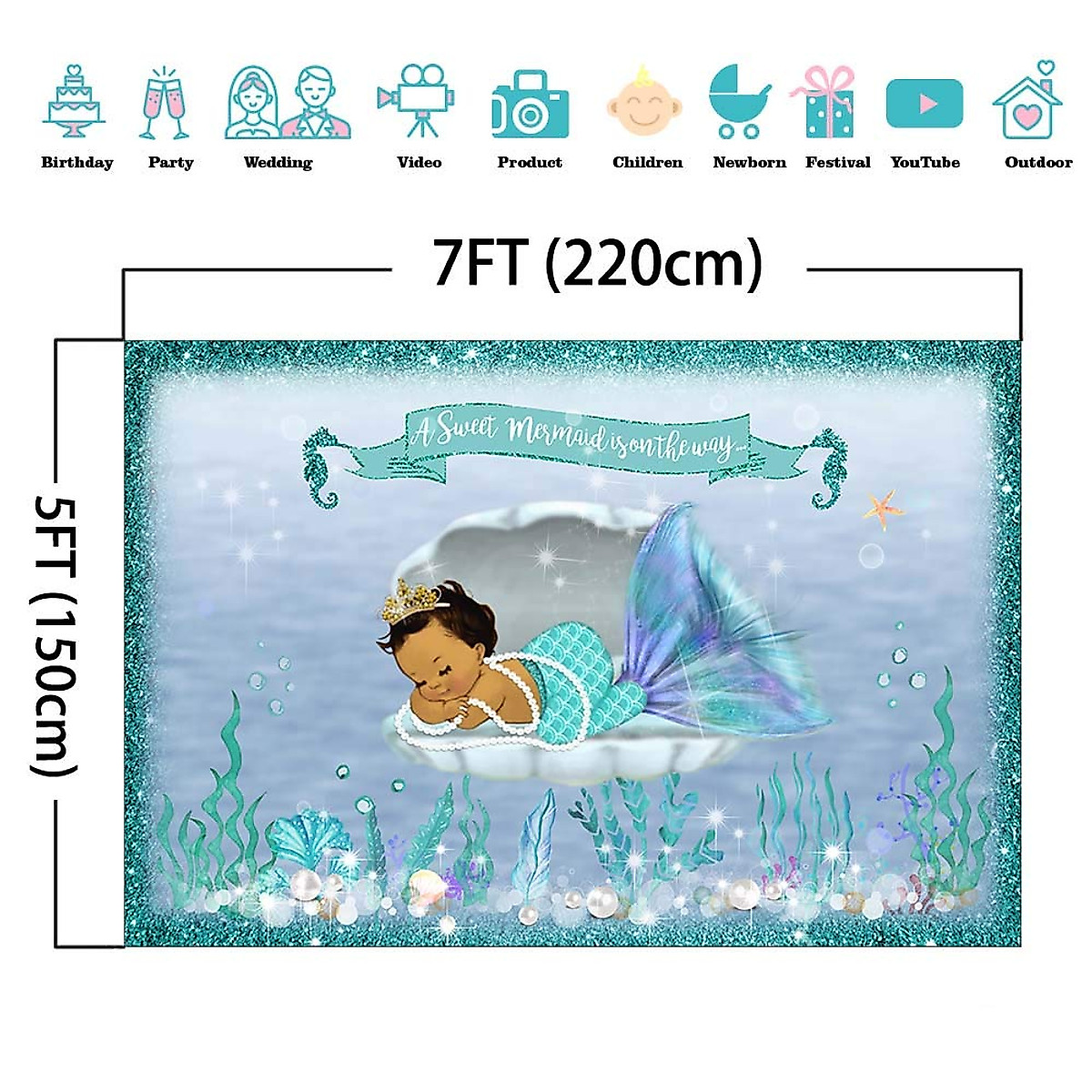 Mocsicka Mermaid Baby Shower Backdrop Under Sea Mermaid Photography Background 7x5ft Vinyl Little Mermaid Baby Shower Party Banner Backdrops