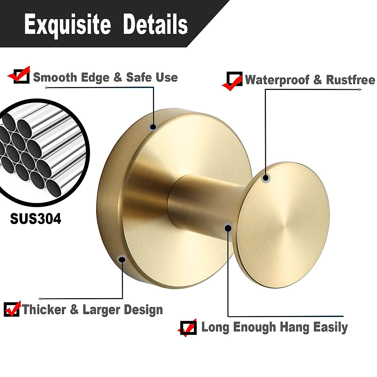 Orlif Bath Towel Hooks,4 Pack SUS304 Stainless Steel Robe Coat Robe Clothes Hook，Heavy Duty Wall Hook for Bathroom & Kitchen Garage Hotel Wall Mounted (Gold)