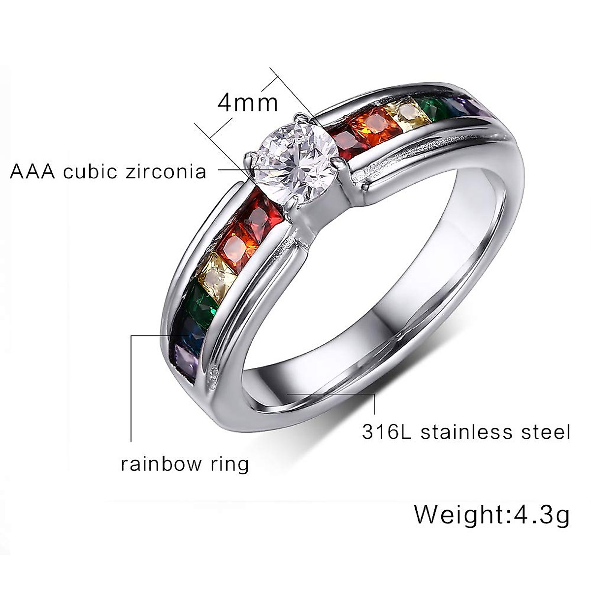 VNOX Stainless Steel Gay Pride Rainbow CZ Relationship Engagement Promise Rings Weeding Band for Lesbian,Size 8