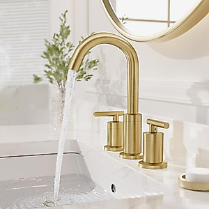 Phiestina Brushed Gold Bathroom Sink Faucet, Widespread 8 Inch 3 Hole Rotatable 360 Degree Modern Bathroom Faucet, with Pop Up Drain and Water Supply Line, WF03-1-BG