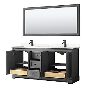 Wyndham Collection Avery 72 Inch Double Bathroom Vanity in Dark Gray, Light-Vein Carrara Cultured Marble Countertop, Undermount Square Sinks, Matte Black Trim, 70 Inch Mirror