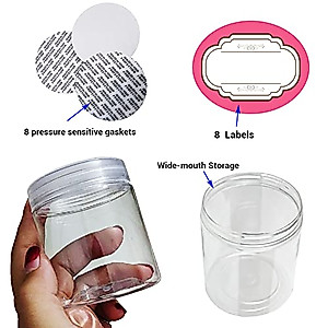 Hodooly 8 Pack 4 oz Empty Plastic Jars with Lids,Wide-mouth Clear Storage Containers, Empty Round Clear Plastic Jars with Lids and labels for Body Butter, Bath Salt, Slime and Beauty Products