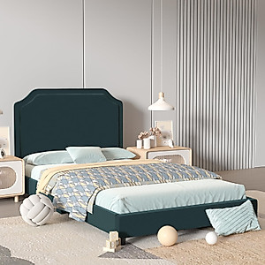 Getifun Upholstered Kids Twin Bed Frame, Velvet Wooden Kids Bed with Adjustable Headboard (Green)