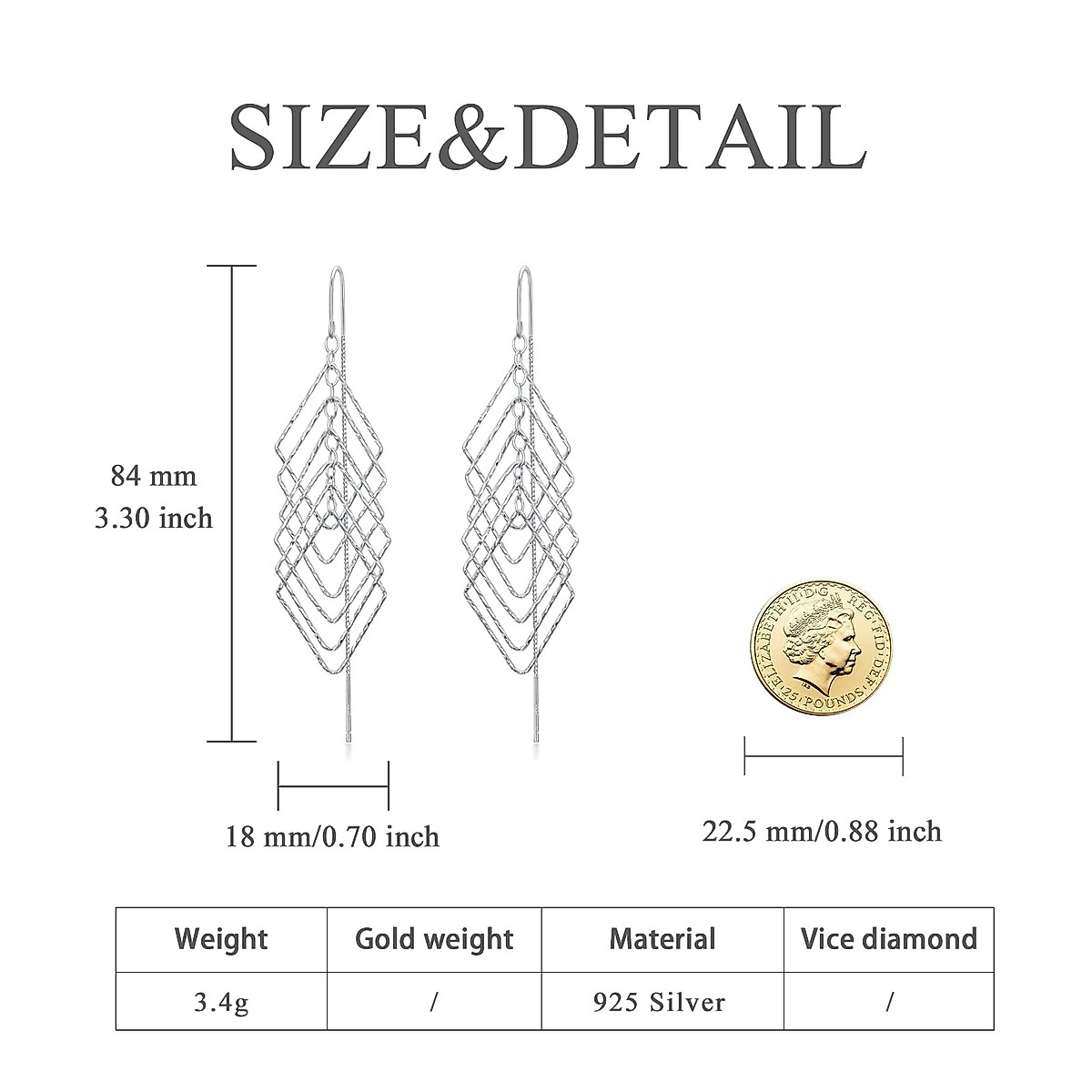 925 Sterling Silver Threader Earrings Geometric Rhombus Tassel Dangle Drop Long Charm Earrings Jewelry Gifts for Women