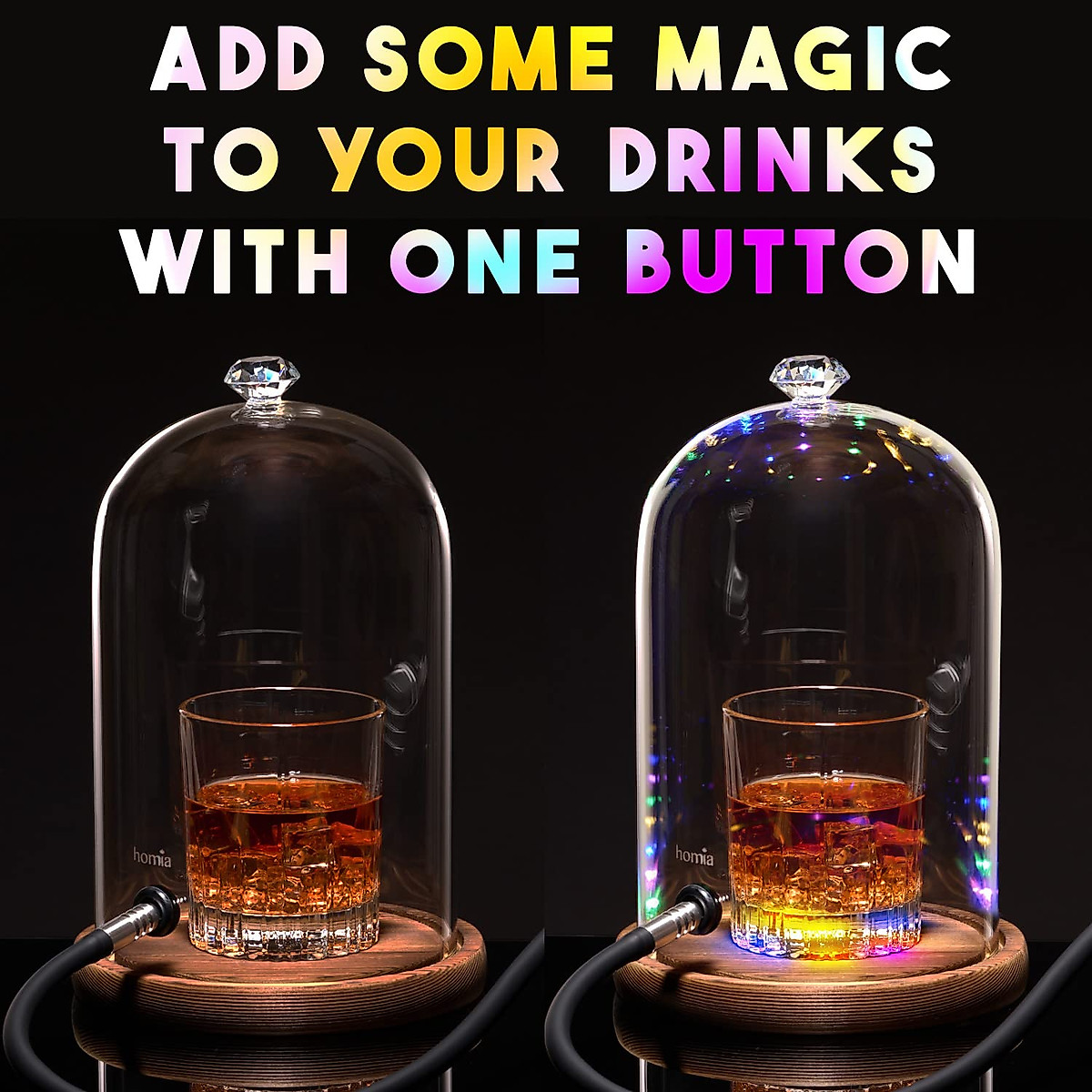 Smoking Gun Accessory LED lights Glass Dome 9" x 5.7" Lid Wooden Base - Glass Smoke infuser Cover Lid for Cocktail Smoker - Dome for Cold Smoke, Smoking Cloche for Drinks