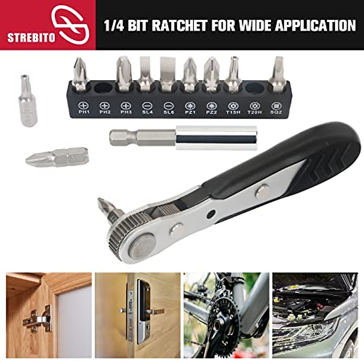 STREBITO Mini Ratchet Set 12-Piece 1/4 Ratchet Right Angle Screwdriver Set Small Ratcheting Wrench 90 Degree Offset Screwdriver High Torque Low Profile Ratchet Angled Screwdriver For Tight Spaces