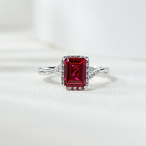 Navnita Jewellers Women's 925 Sterling Silver 1.50 Ct Emerald Cut Simulated Red Ruby Halo Engagement Ring (5)