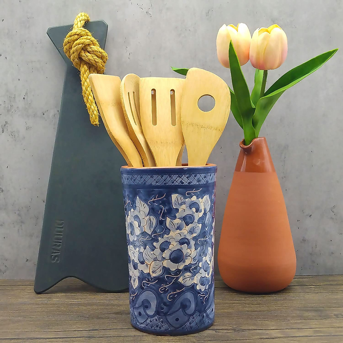 Hand Painted Portuguese Pottery Blue and White Kitchen Utensil Holder Blue White 255-355-455-BW Blue and White Ceramic Utensil Holder