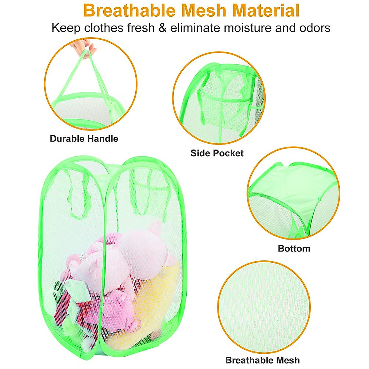 3PCS Mesh Laundry Pop-Up Hampers ，Foldable Clothes Washing Laundry Basket Bins ，Handles Kids’ Garments Hamper， for Storage Room ，Kids Toys， College Dorm ，Home Organization Travel Use (Green)