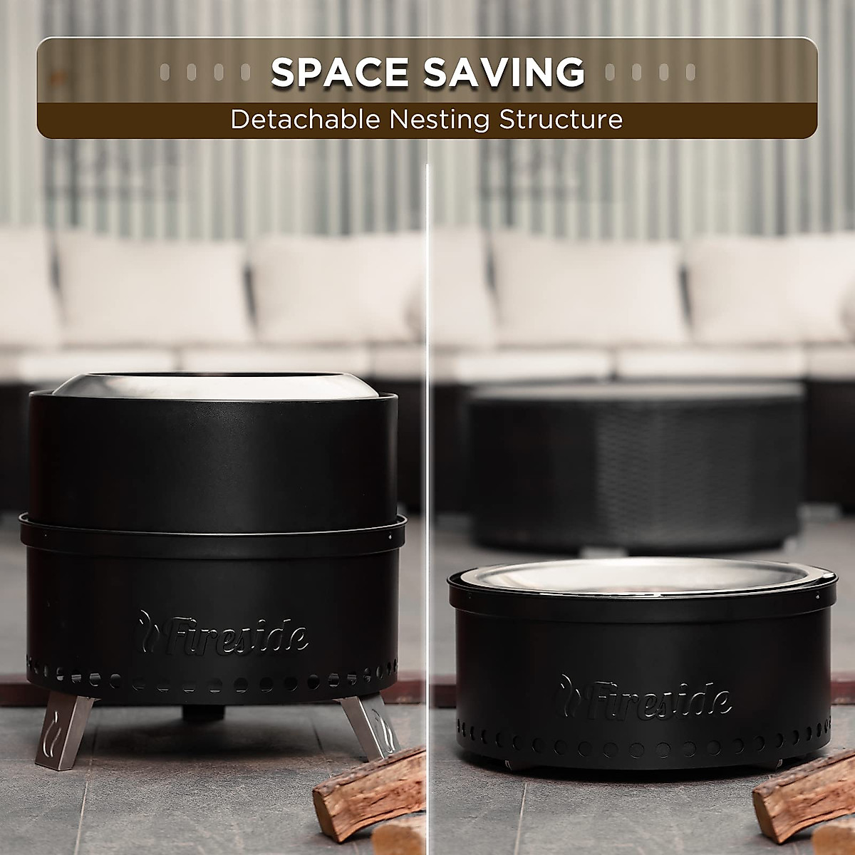 TURBRO 19 Inch Smokeless Fire Pit for Outdoor Wood Burning, Portable Stainless Steel Camping Stove with Stand, Removable Ash Pan, Waterproof Storage Bag, Unique Nested Design, Pluto R19-PG, Black