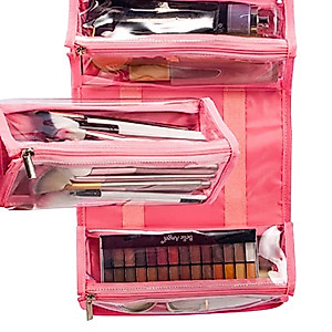 Water Resistant 4 in 1 Hanging Roll Up Travel Toiletry Bag Makeup Cosmetic Storage Case Hair Beauty First Aid Kits Organizer Bag LOL Doll Toy Storage Case With 4 Removable PVC Zipper Pouch (Pink)