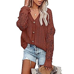 Dokotoo Women's V Neck Crochet Hollow Out Long Sleeve Button Down Cable Knit Cardigan Sweaters for Women Ladies Lightweight Tunic Fashion Sweater Pullover Tops Dark Orange M