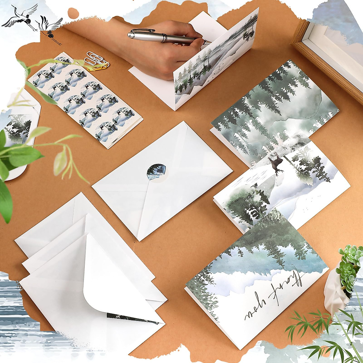 Zhanmai 100 Set Thank You Cards for Gratitude with Envelopes Stickers Bulk 4 x 6 Inch Watercolor Forest Employee Recognition Colorful Greeting Note Card Neon Appreciation Postcard (Watercolor Forest)