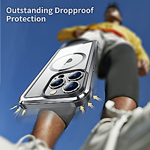 Auleegei Stainless-Frame Metal Magsafe Designed for iPhone 14 Pro case Clear [20 FT Military Drop Protection] Protective Shockproof Bumper with Airbag Case [Non-Yellowing] Cover 6.1 Inch-Silver