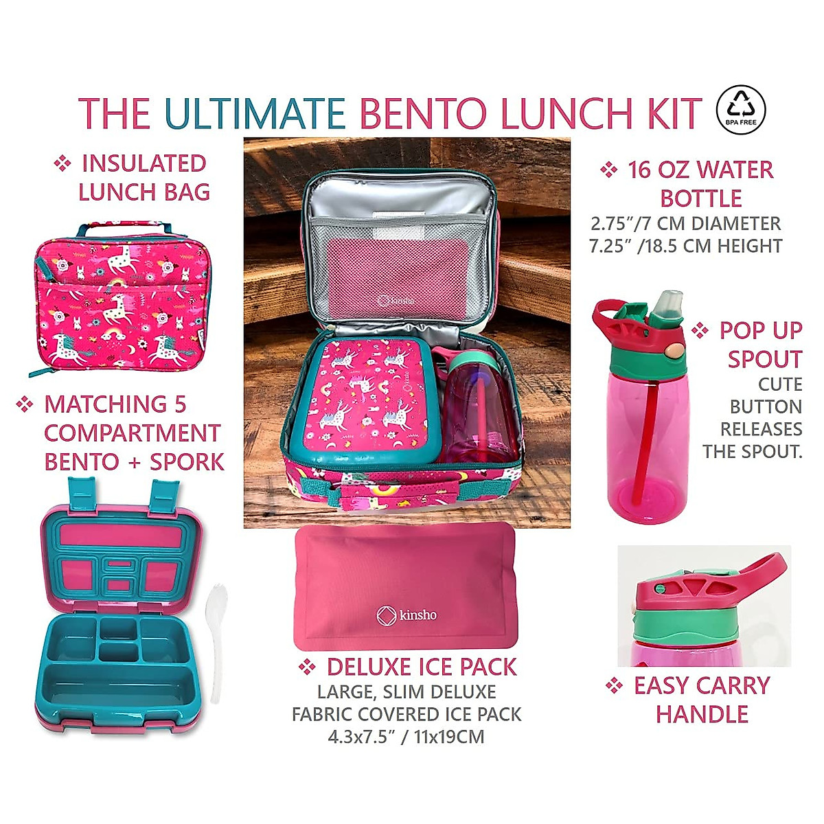 Bundle of kinsho Bento Lunch Box with Insulated Bag, Water Bottle&Ice Pack Set (Pink Unicorn) + Pencil Case for Girls, Cute Pouch Box Bag for Little Kids (Pink Unicorn)