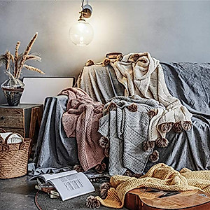 vctops Fur Pom Pom Knit Throw Blanket Super Soft Warm Cozy Cable Knitted Blanket for Sofa and Couch 51 x 63 Inch Light Grey