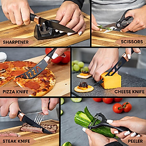 nuovva Professional Kitchen Knife Set with Block - Copper 17 Piece Knives Set With Steak Knives - Clear Acrylic Block High Carbon Stainless Steel Blades - With Knife Sharpener Peeler and Scissors