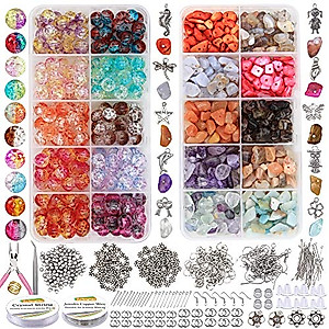 EuTengHao 1458Pcs Irregular Chip Stone Beads Natural Gemstone Beads and Crackle Lampwork Glass Beads 8mm Round Handcrafted Crackle Beads Kit for Bracelet Necklaces Earring Jewelry Making Craft