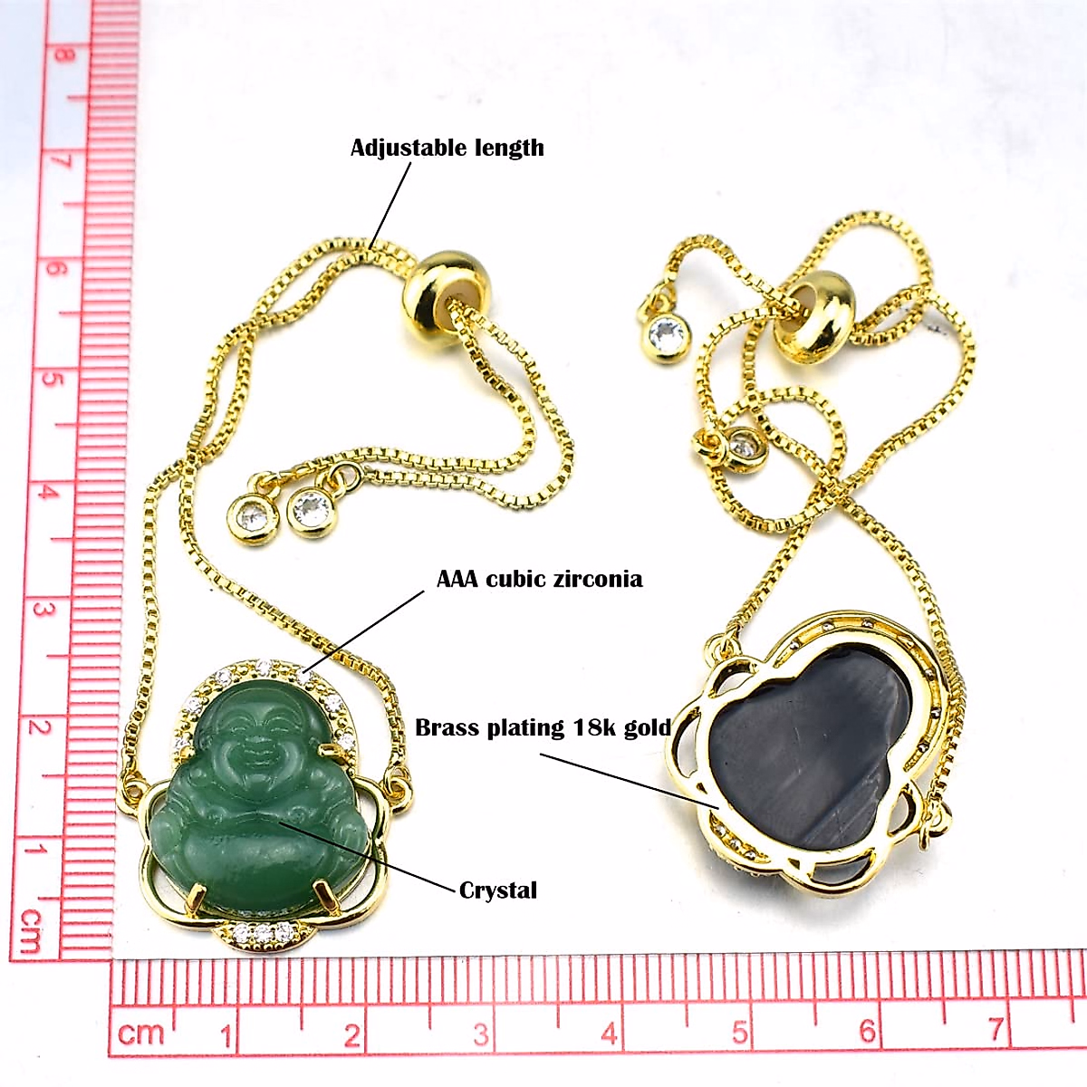 COLORFUL BLING Natural Jade Stone Laughing Buddha Link Bracelet Pendant 18K Gold Plated Cubic Zirconia Crystal Adjustable Lucky Gemstone Amulet Protection Jewelry for Women Men-Pink