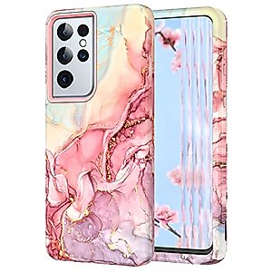 Btscase for Galaxy S21 Ultra Case, Marble Pattern 3 in 1 Heavy Duty Shockproof Full Body Rugged Hard PC+Soft Silicone Drop Protective Women Girl Covers for Samsung Galaxy S21 Ultra 6.8 inch, Rose Gold