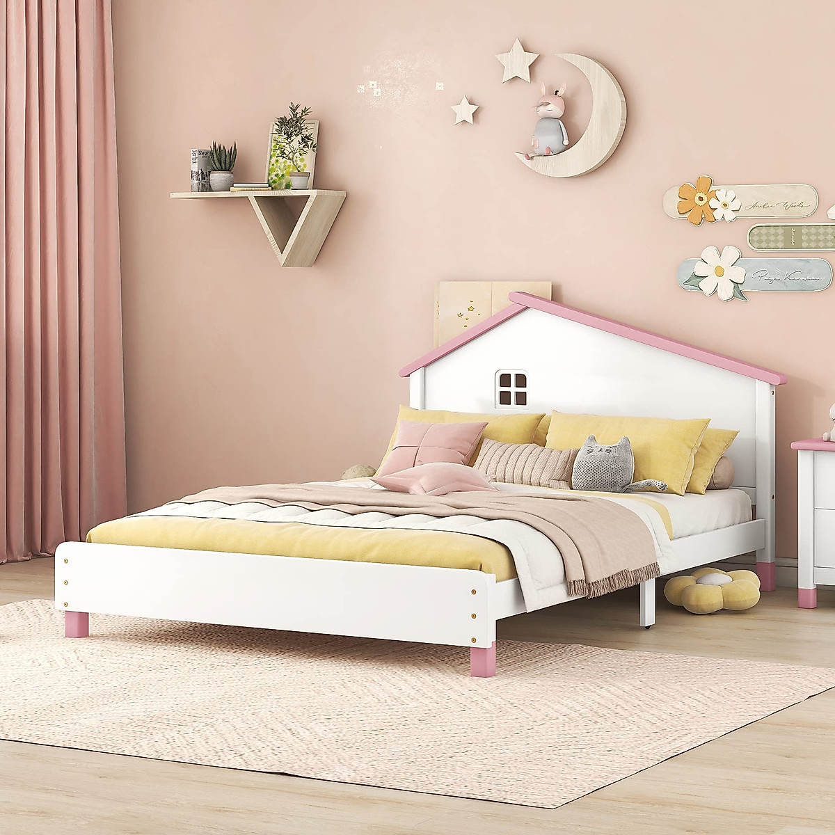 MERITLINE Full Bed Frame with House-Shaped Headboard, Wooden Full Size Platform Bed Frame with Shelf, Cute Full Bed for Kids Teens Girls Boys, No Box Spring Needed, White+Pink