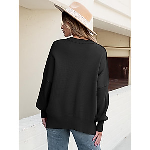 ANRABESS Women Crewneck Batwing Long Sleeve 2024 Fall Oversized Side Slit Ribbed Knit Pullover Sweaters Top Cozy Outfits Black Large
