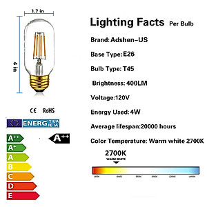 Adshen-US T14 / T45 LED Tubular Bulb 4W 2700K Warm White,E26 Dimmable Vintage Bulb,40W Equivalent 400 Lumens, Antique Edison Style LED Filament Light Bulbs,Pack of 6