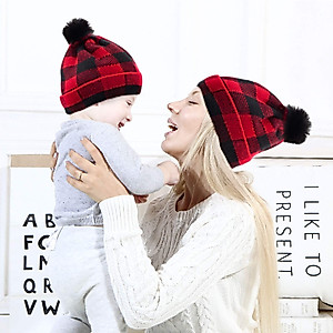 2 Pcs Parent-Child Hats with Pom Pom - Knitted Mom and Baby Matching Outfits Winter Warm Beanie Hats Soft Crochet Caps for Women Kids Christmas Red