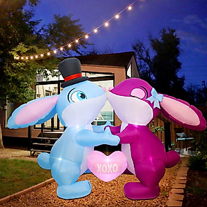 Juegoal Easter Inflatable Cute Bunny with Heart, 7.5ft Long Lighted Blow Valentine Rabbit Couples with Lights, Indoor Outdoor Valentine's Day Easter Xmas Decor, Light Up Lawn Yard Garden Decorations