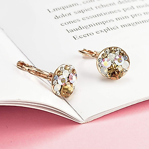 Multicolored Austrian Crystal Drop Earrings for Women 14K Gold Plated Hypoallergenic Leverback Dangle Earrings (Yellow Main Crystal/Rose Gold-tone)