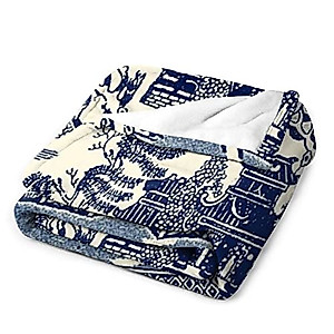 Ancient China Blue Willow Chinoiserie Flannel Fleece Throw Blankets 50"X40" Lightweight Fluffy Winter Fall Blanket Cozy Soft Fuzzy Plush Home Decor for Couch Bed Sofa Bedroom Living Room Travel