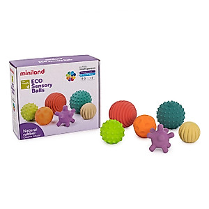 Miniland 6 Sensory Balls, Babies Birth to Toddlers Age 4, Natural Rubber Latex, Soft Teething Toys, Easy Grip Play, Textured, Colors Multi-Sensory Stimulation, Motor Skill Development