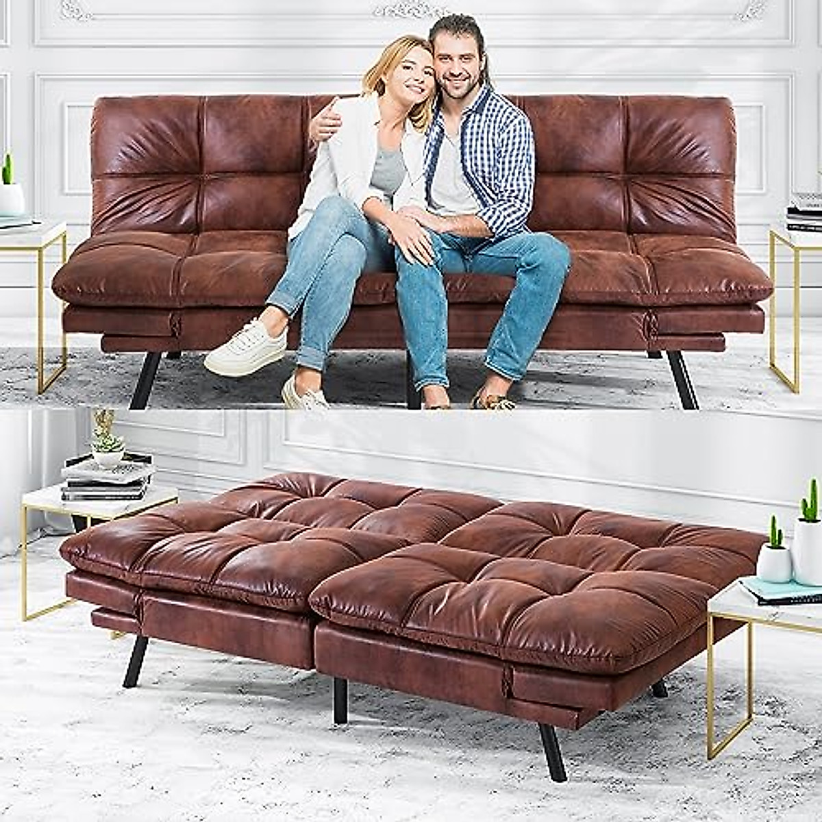 LIFERECORD Futon Sofa Bed Loveseat Sleeper Memory Foam with Adjustable Armrest&Backrest,Modern Convertible Couches for Living Room, Bedroom, Small Spaces, Brown