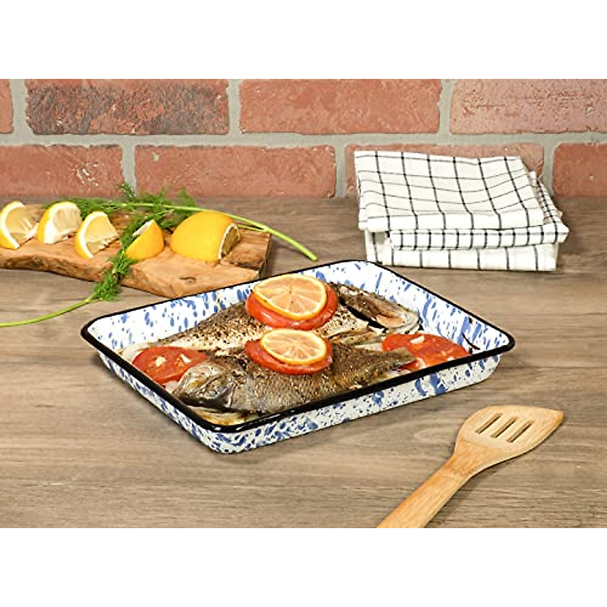 Red Co. 11" x 9" Enamelware Metal Classic 2 Quart Rectangular Serving Tray, Navy Blue Marble/Black Rim - Splatter Design